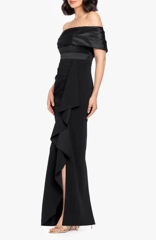 Betsy & Adam Mixed Media Off The Shoulder Cascade Ruffle Gown