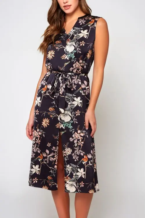 ICOLLECTION Floral Print Stretch Satin Midi Dress - Black