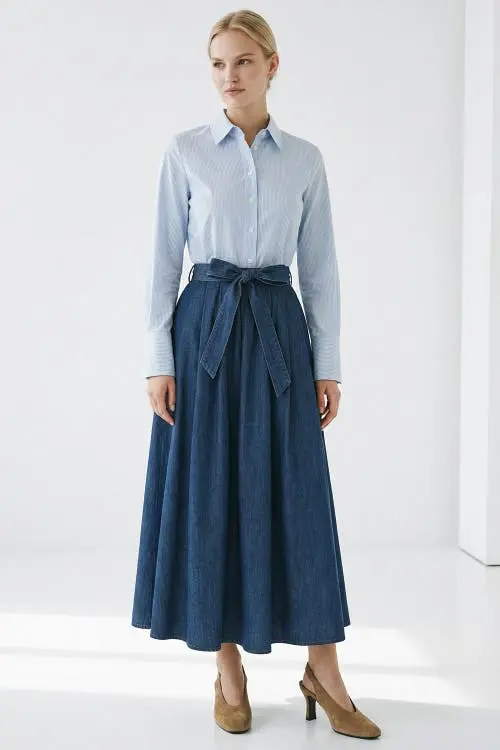 EXQUISE Cherrelle Belted Denim Midi Dress
