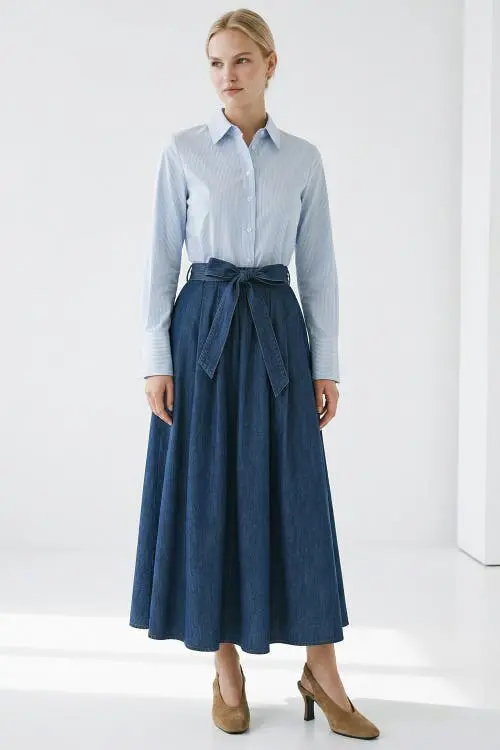 EXQUISE Cherrelle Belted Denim Midi Dress