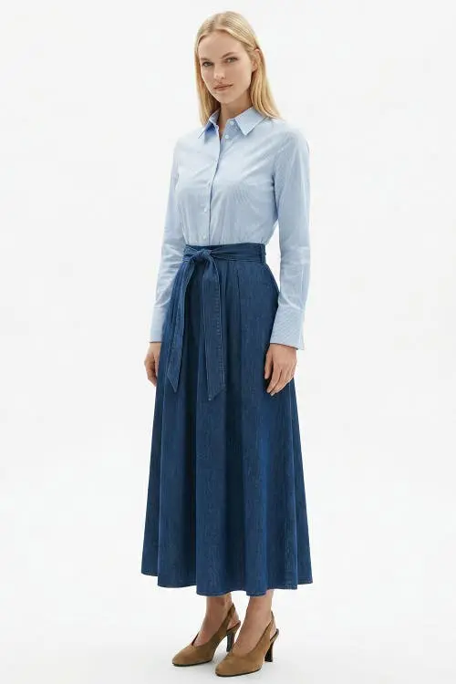 EXQUISE Cherrelle Belted Denim Midi Dress