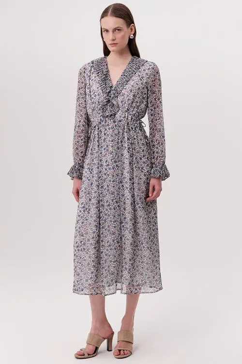 EXQUISE Katy Pleated Tie Waist V-neck Printed Midi Dress