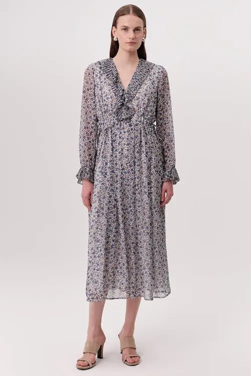 EXQUISE Katy Pleated Tie Waist V-neck Printed Midi Dress