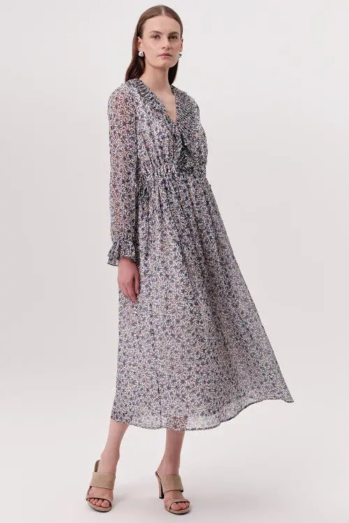 EXQUISE Katy Pleated Tie Waist V-neck Printed Midi Dress