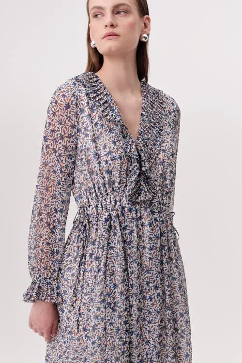 EXQUISE Katy Pleated Tie Waist V-neck Printed Midi Dress