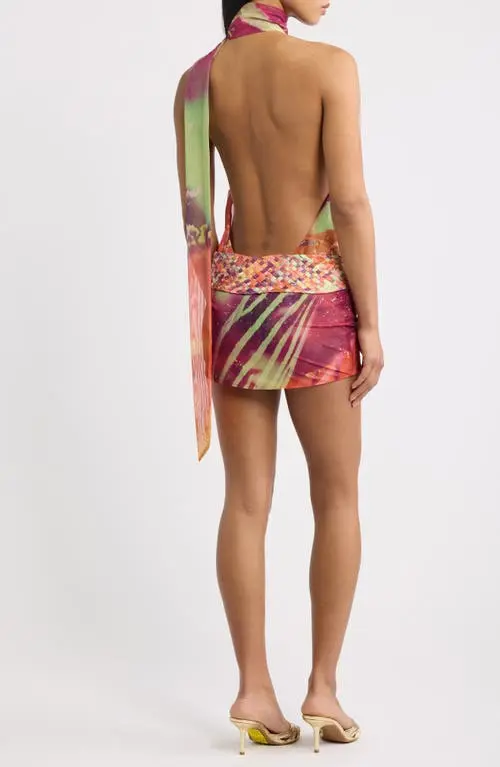 JADED LONDON Abstract Print Plunge Scarf Neck Minidress