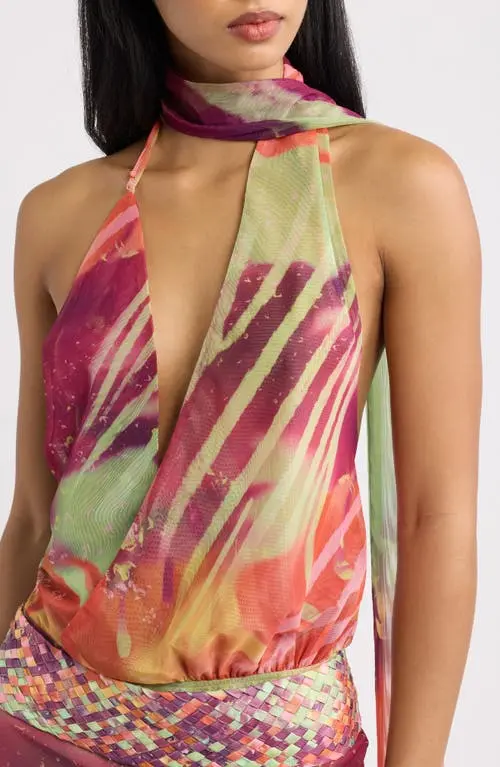 JADED LONDON Abstract Print Plunge Scarf Neck Minidress