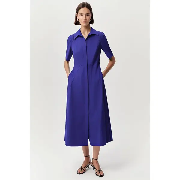 EXQUISE Alda Short Sleeve Shirt Collar Midi Dress - Sax