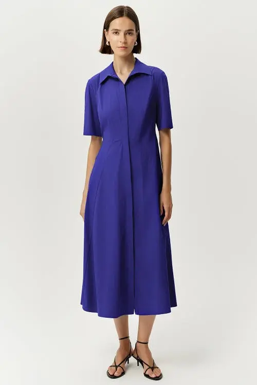 EXQUISE Alda Short Sleeve Shirt Collar Midi Dress - Sax