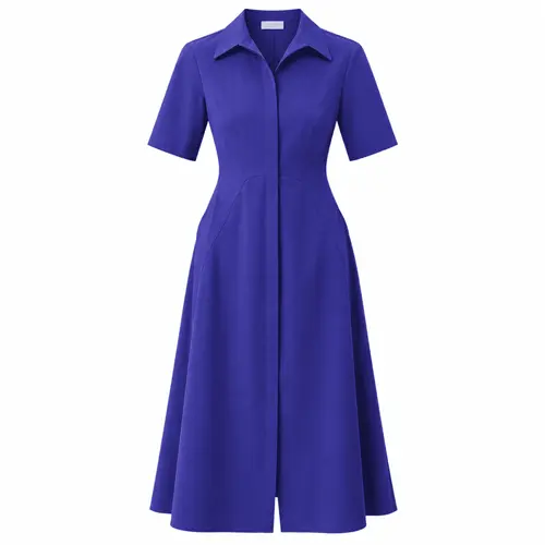 EXQUISE Alda Short Sleeve Shirt Collar Midi Dress