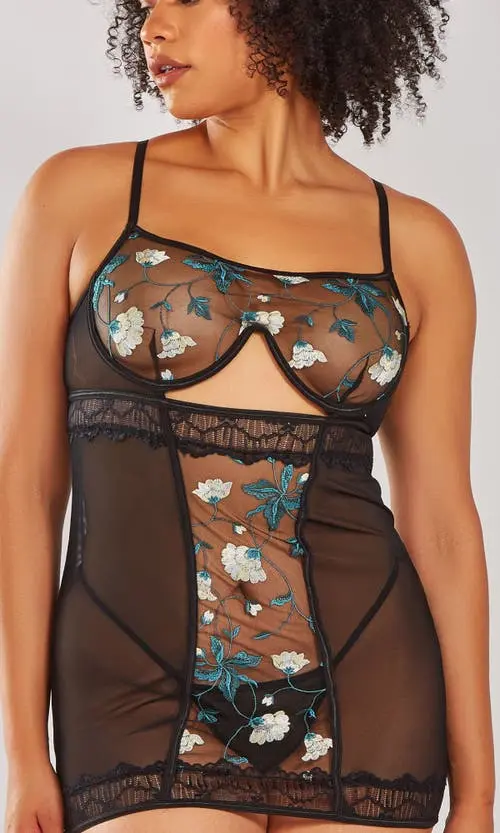 ICOLLECTION Embroidered Mesh Peekaboo Chemise Set
