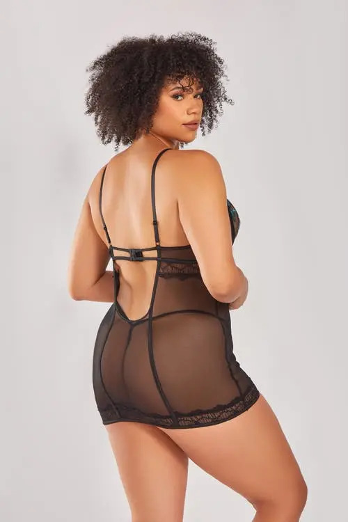 ICOLLECTION Embroidered Mesh Peekaboo Chemise Set