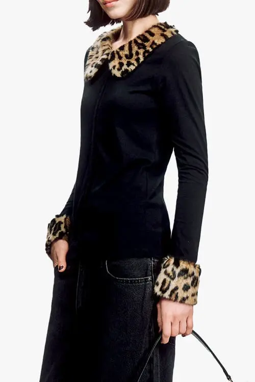 Anna Sui Deco Tees Long Sleeve With Faux Fur Accents