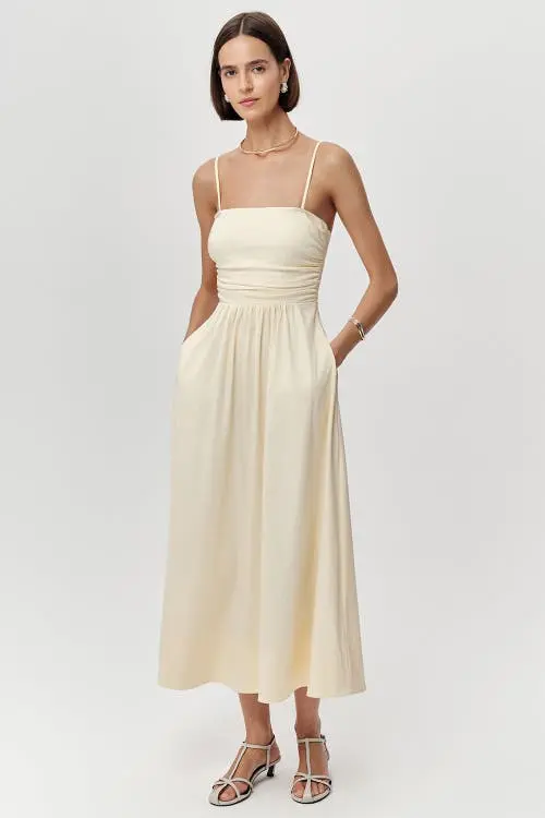 EXQUISE Spaghetti Strap Square Neck Midi Dress - Bone