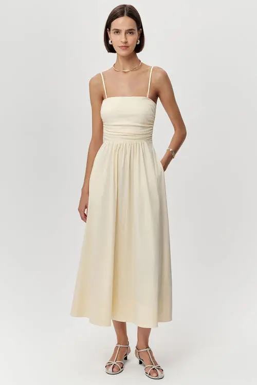 EXQUISE Spaghetti Strap Square Neck Midi Dress - Bone