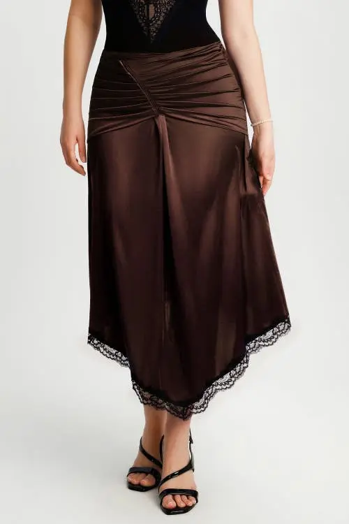 POPILUSH Satin Ruched Mermaid Skirt With Lace Trim And Built-in Shapewear - Chocolate