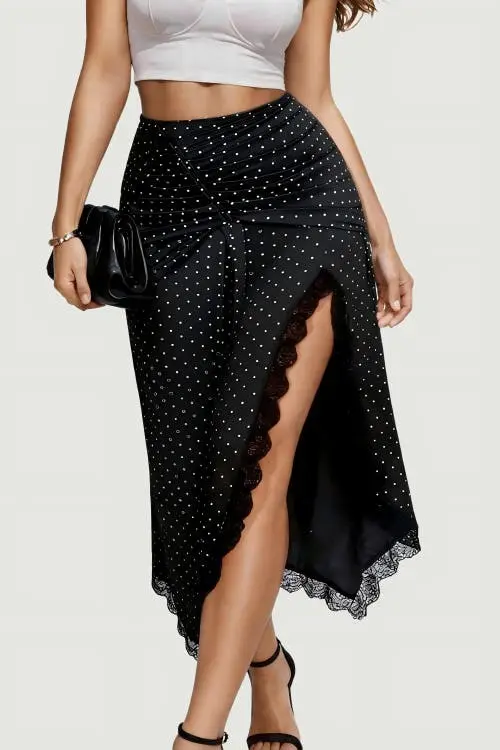 POPILUSH Satin Ruched Mermaid Skirt With Lace Trim And Built-in Shapewear - Midnight