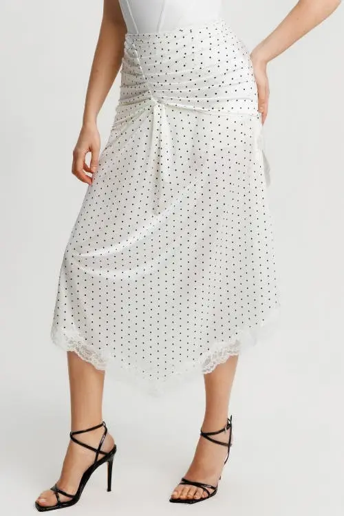 POPILUSH Satin Ruched Mermaid Skirt With Lace Trim And Built-in Shapewear - Snow