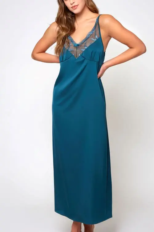 ICOLLECTION Satin Embroidered Mesh Long Nightgown