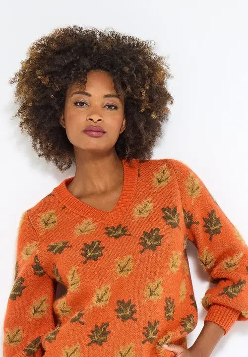 JOE BROWNS Comfy Leafy Pullover V-neck Sweater - Falling Leaf Print
