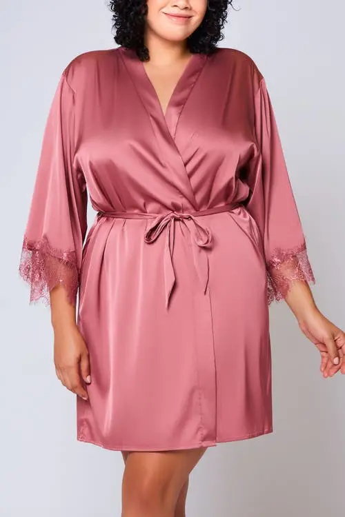 ICOLLECTION Stretch Satin Lace-trim Robe