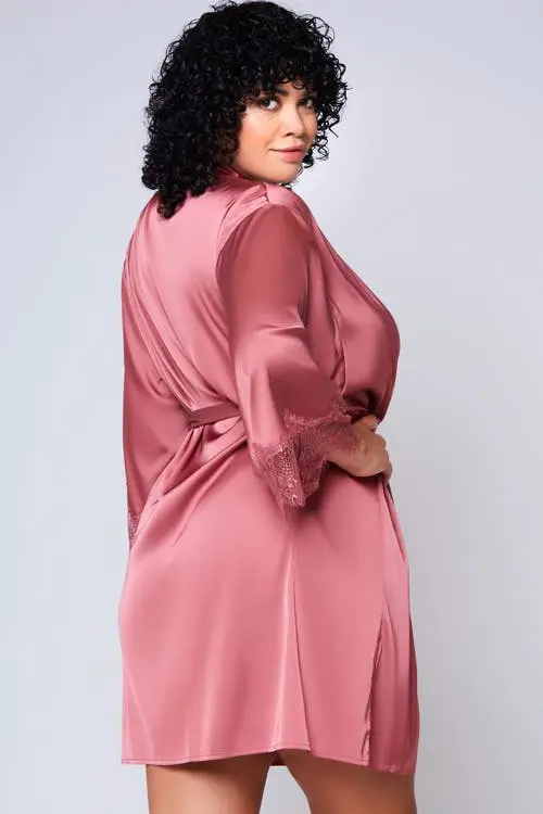 ICOLLECTION Stretch Satin Lace-trim Robe