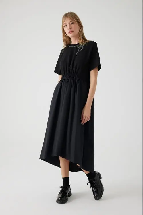 EXQUISE Afia Midi Dress With Embellished Collar - Black