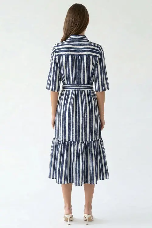 EXQUISE Darcio Striped Midi Shirt Dress - Sax