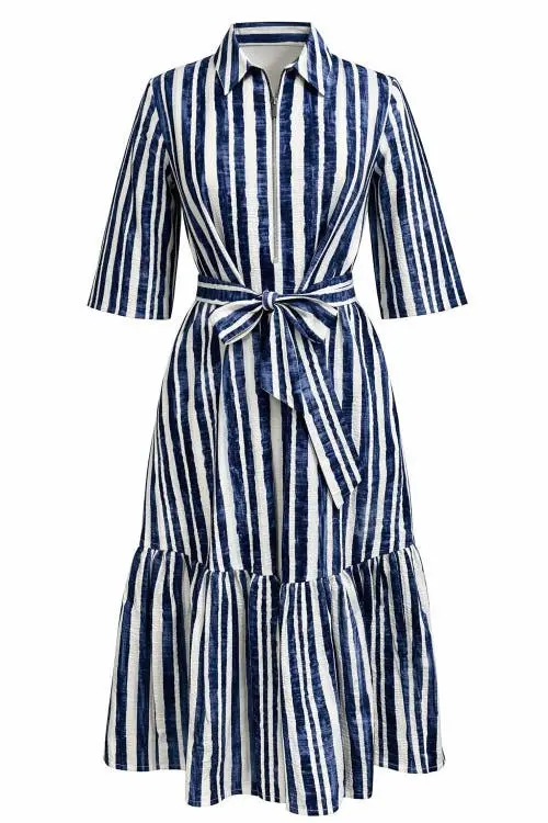 EXQUISE Darcio Striped Midi Shirt Dress - Sax