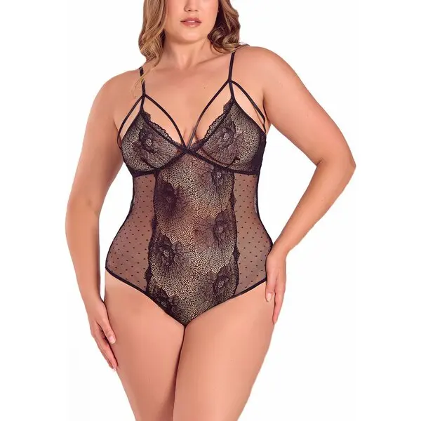ICOLLECTION Strappy Floral Lace & Dotted Mesh Bodysuit