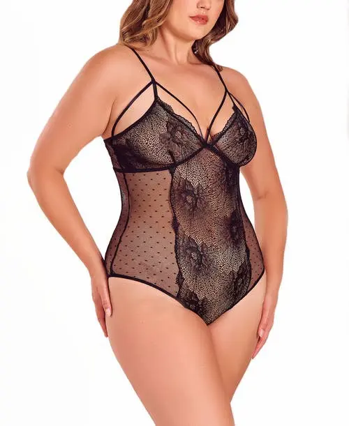 ICOLLECTION Strappy Floral Lace & Dotted Mesh Bodysuit