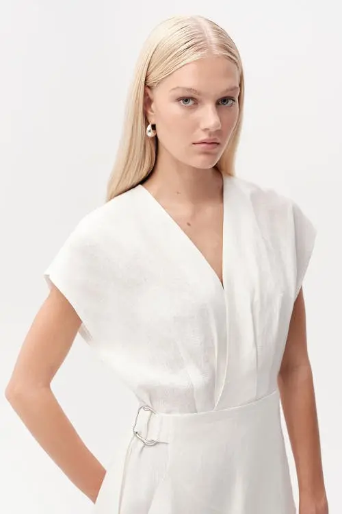 EXQUISE Callanne V-neck Cap Sleeve Linen Mini Dress