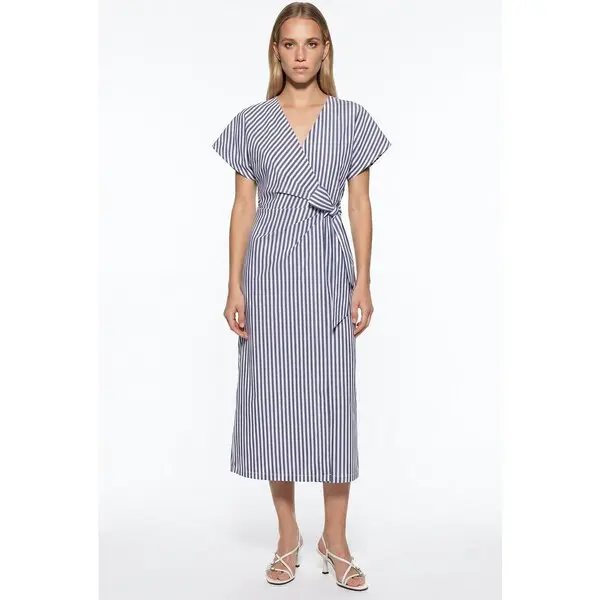 EXQUISE Stripe Wrap Midi Dress - Blue