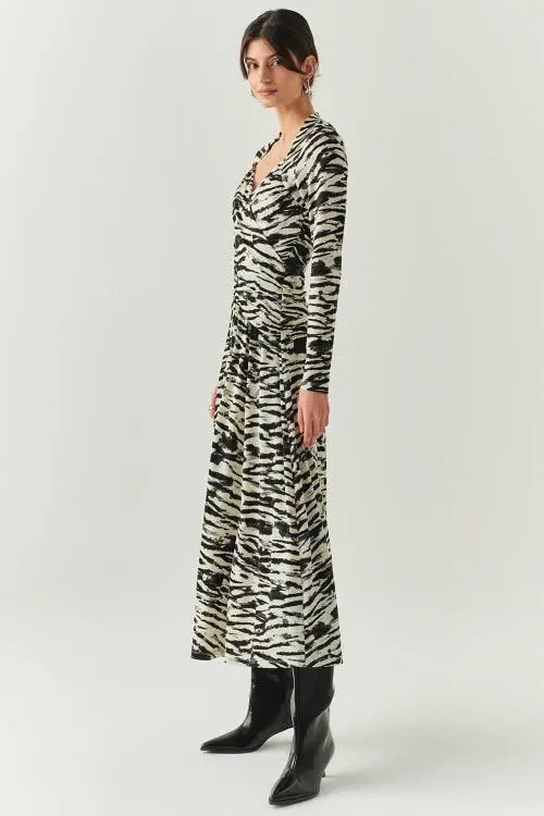 EXQUISE Keilani Midi Dress With Wrap Neck And Long Sleeves