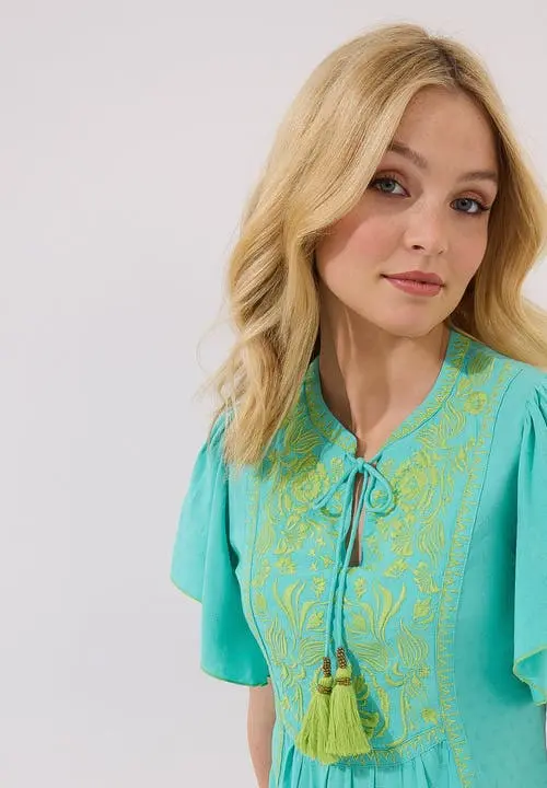 JOE BROWNS Embroidered Flutter Sleeve Top With Tassel Detail - Scroll Embroidery