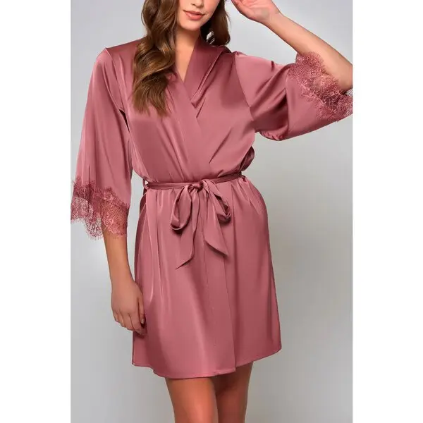 ICOLLECTION Stretch Satin Lace-trim Robe
