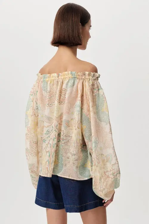 EXQUISE Off Shoulder Floral Print Ramie Blouse