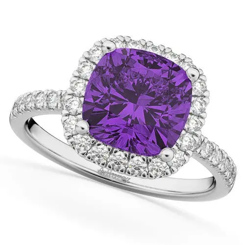 ALLUREZ Cushion Cut Amethyst And Diamond Halo Ring In 14k White Gold - 3.11ct/white Gold