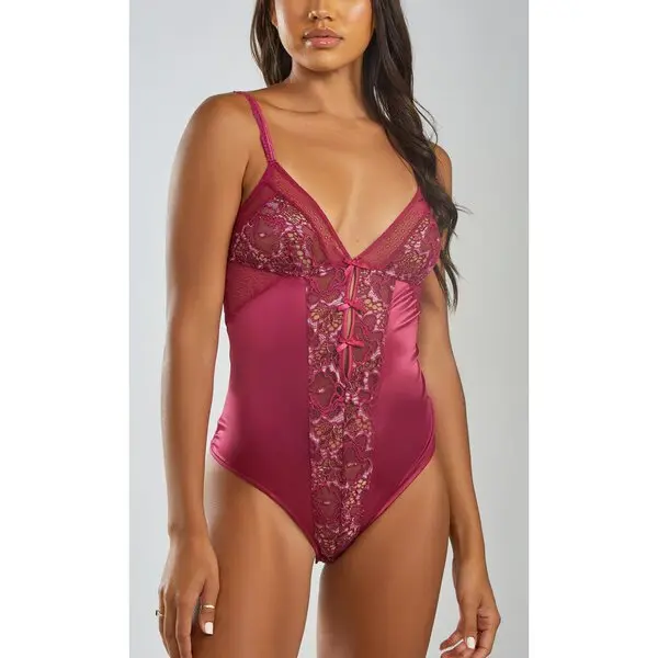 ICOLLECTION Two-toned Lace & Satin Bodysuit