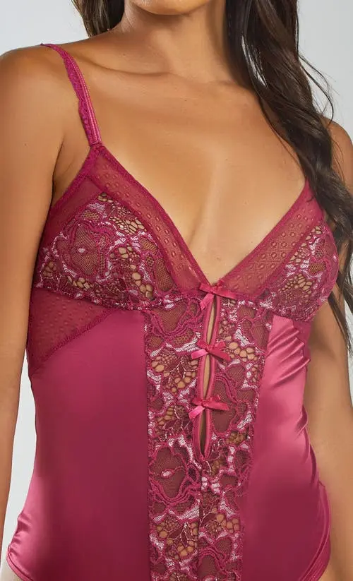 ICOLLECTION Two-toned Lace & Satin Bodysuit