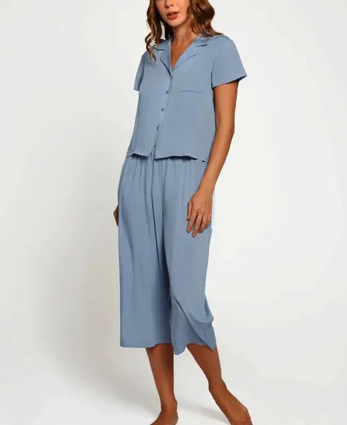 ICOLLECTION Short Sleeve Shirt & Wide-leg Pants Pajama Set - Blue