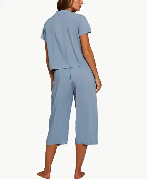ICOLLECTION Short Sleeve Shirt & Wide-leg Pants Pajama Set