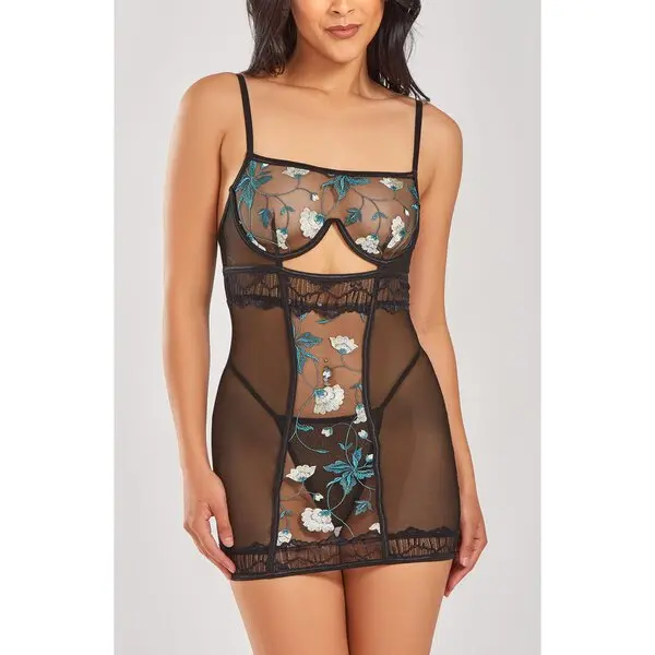 ICOLLECTION Embroidered Mesh Peekaboo Chemise Set