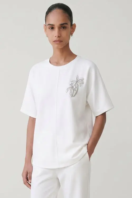 EXQUISE Christien Embroidered Knit Blouse - Ecru
