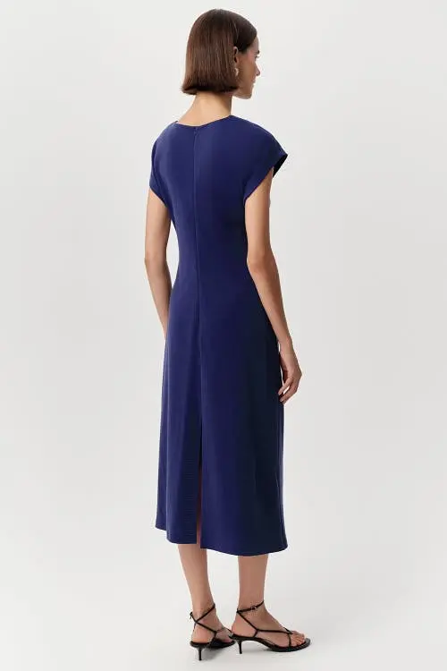 EXQUISE Crew Neck Knit Midi Dress With Self-tie Waist - Navy