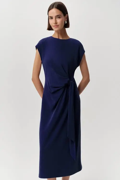 EXQUISE Crew Neck Knit Midi Dress With Self-tie Waist - Navy