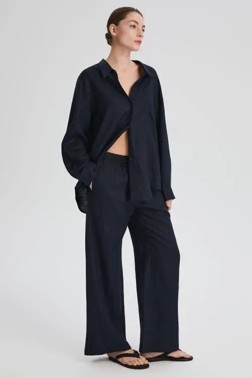 OROLAY Oversized Linen Wide-leg Drawstring Pants - Navy