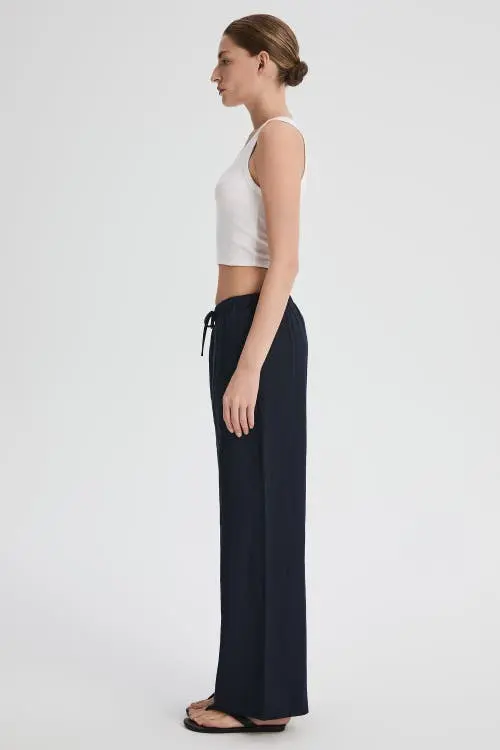 OROLAY Oversized Linen Wide-leg Drawstring Pants - Navy