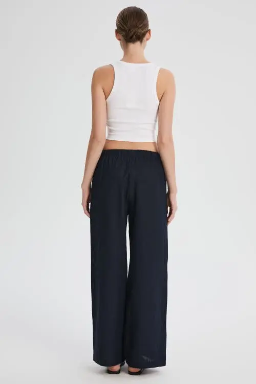 OROLAY Oversized Linen Wide-leg Drawstring Pants - Navy