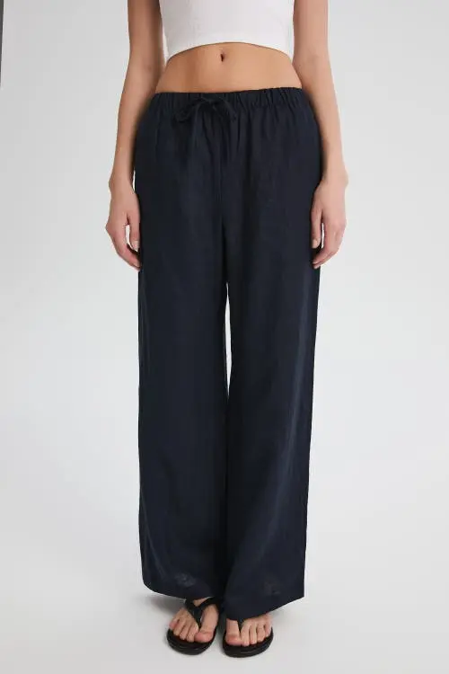 OROLAY Oversized Linen Wide-leg Drawstring Pants - Navy